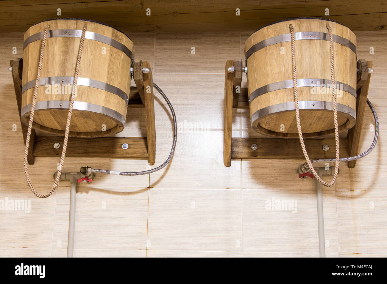 two buckets on a rope sauna, finish, cold shower of pails Stock Photo ...