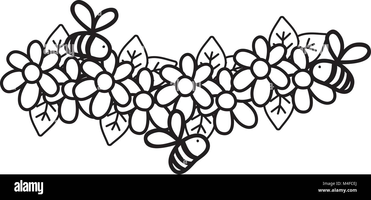 line flowers with petals and bees insects flying Stock Vector Image ...