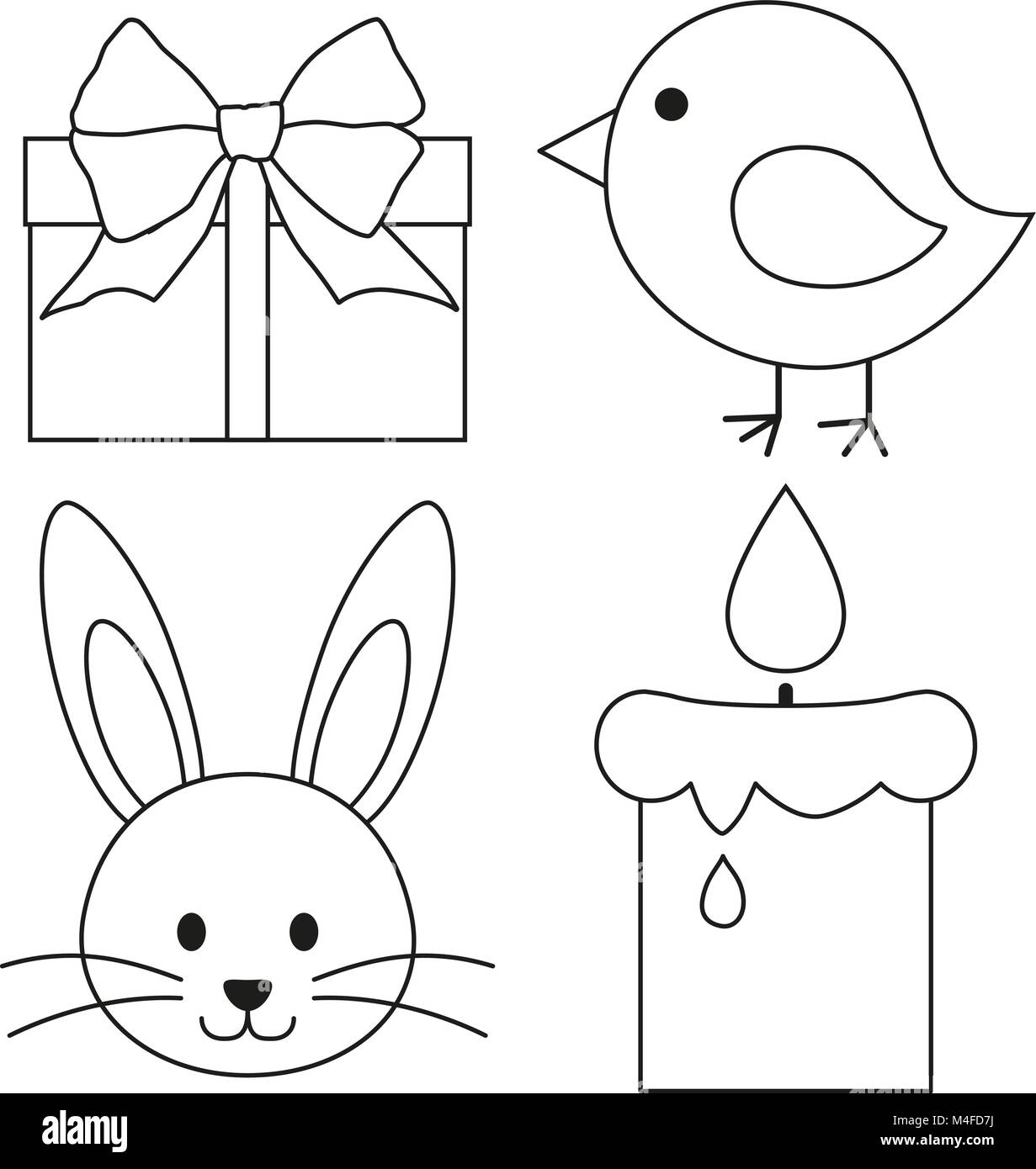 Line art black and white easter icon set chicken chick bunny face ...