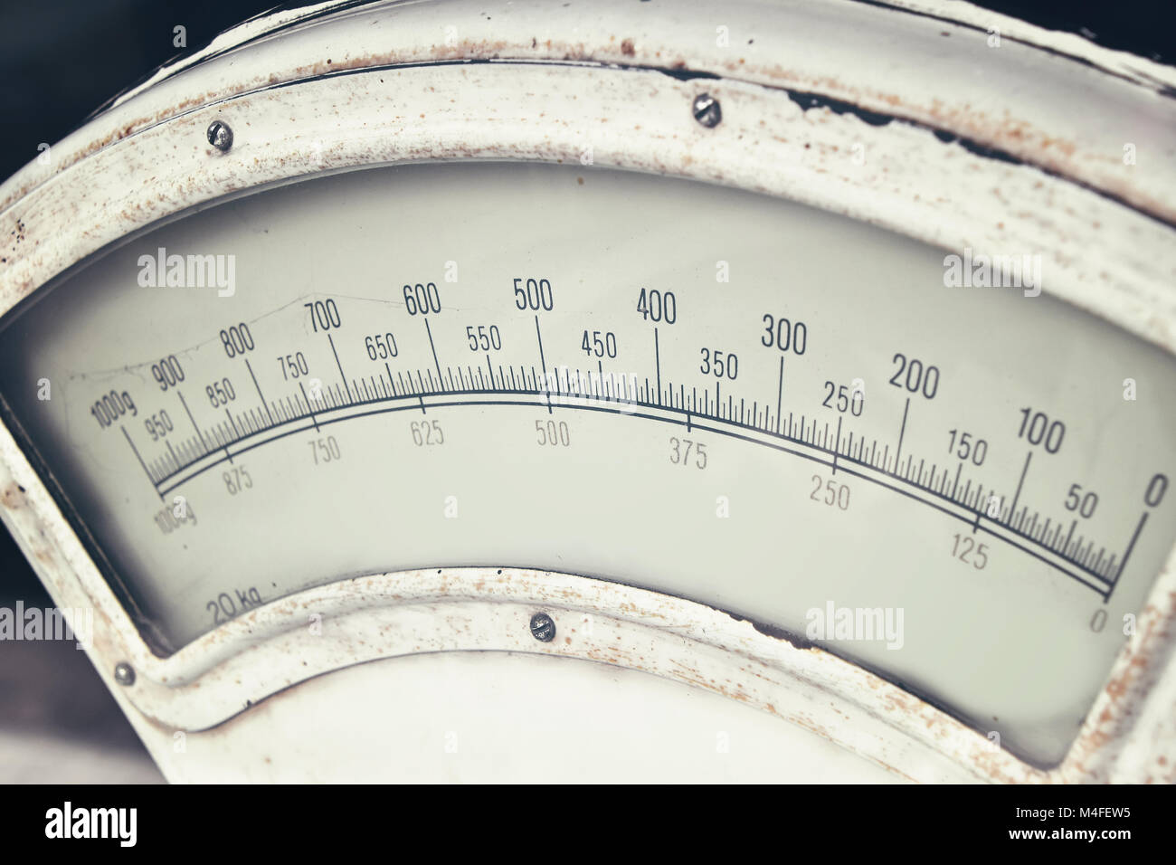 Old white antique vintage gauge weight scales close up, high angle view ...