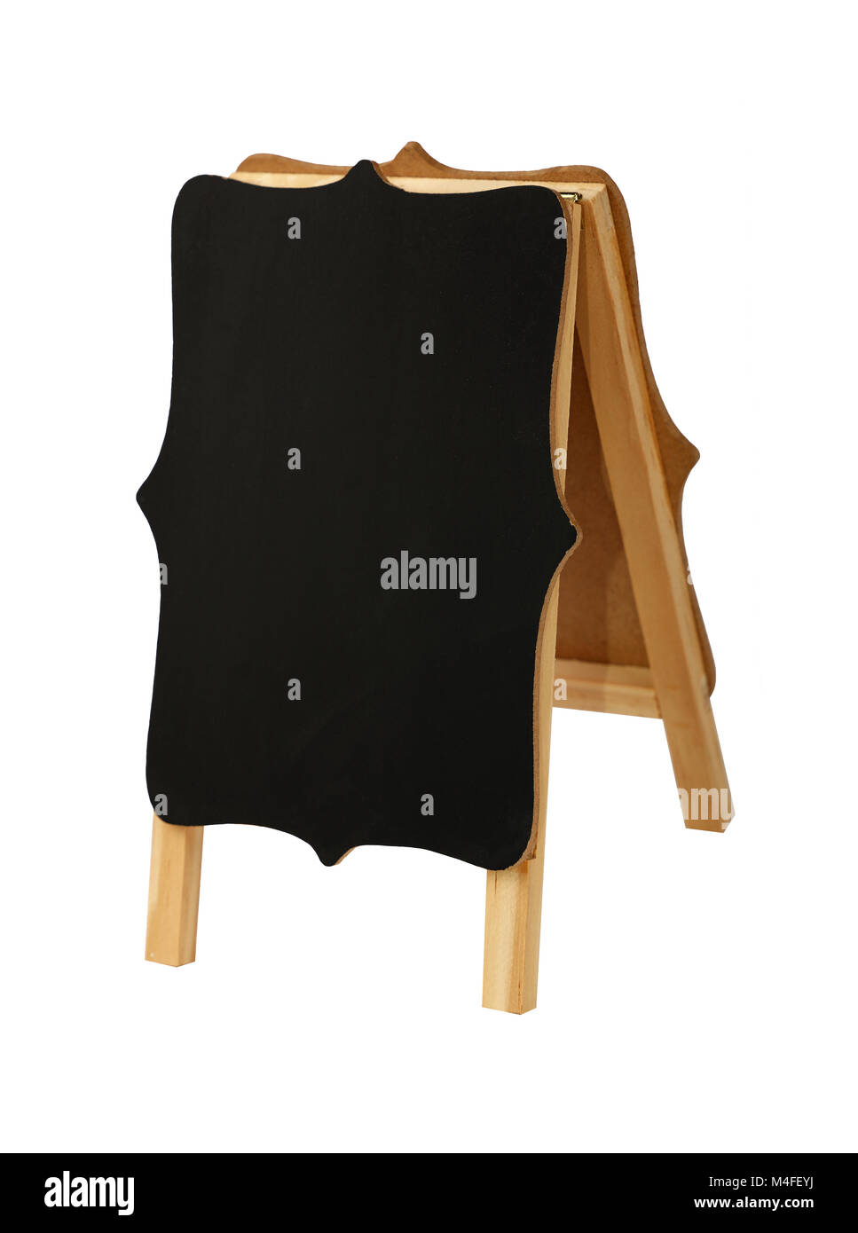 Close up one small shaped empty blank clean black chalkboard sign stand ...