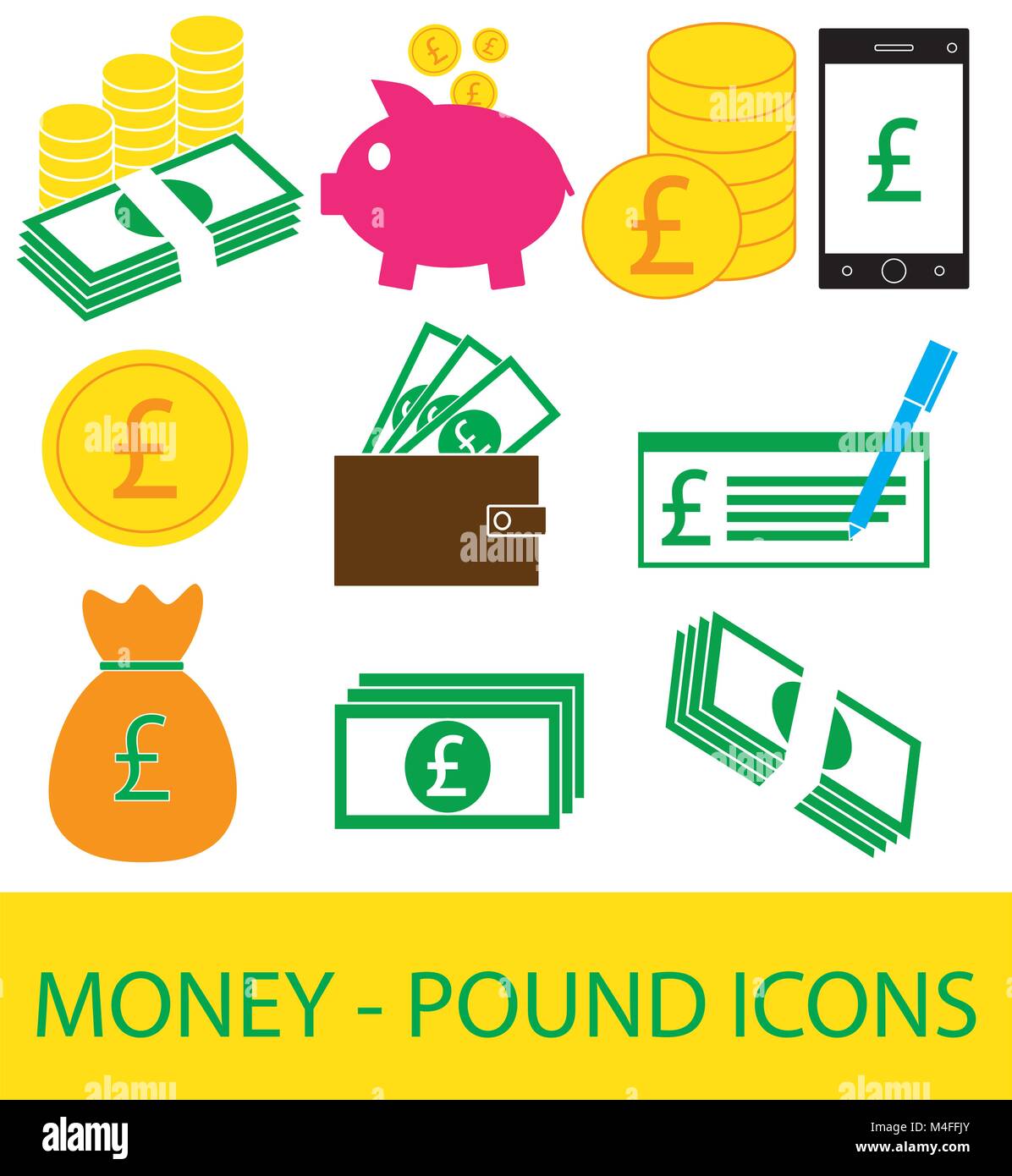 Set, collection or pack of Pound currency icon or logo. Coins, notes or ...
