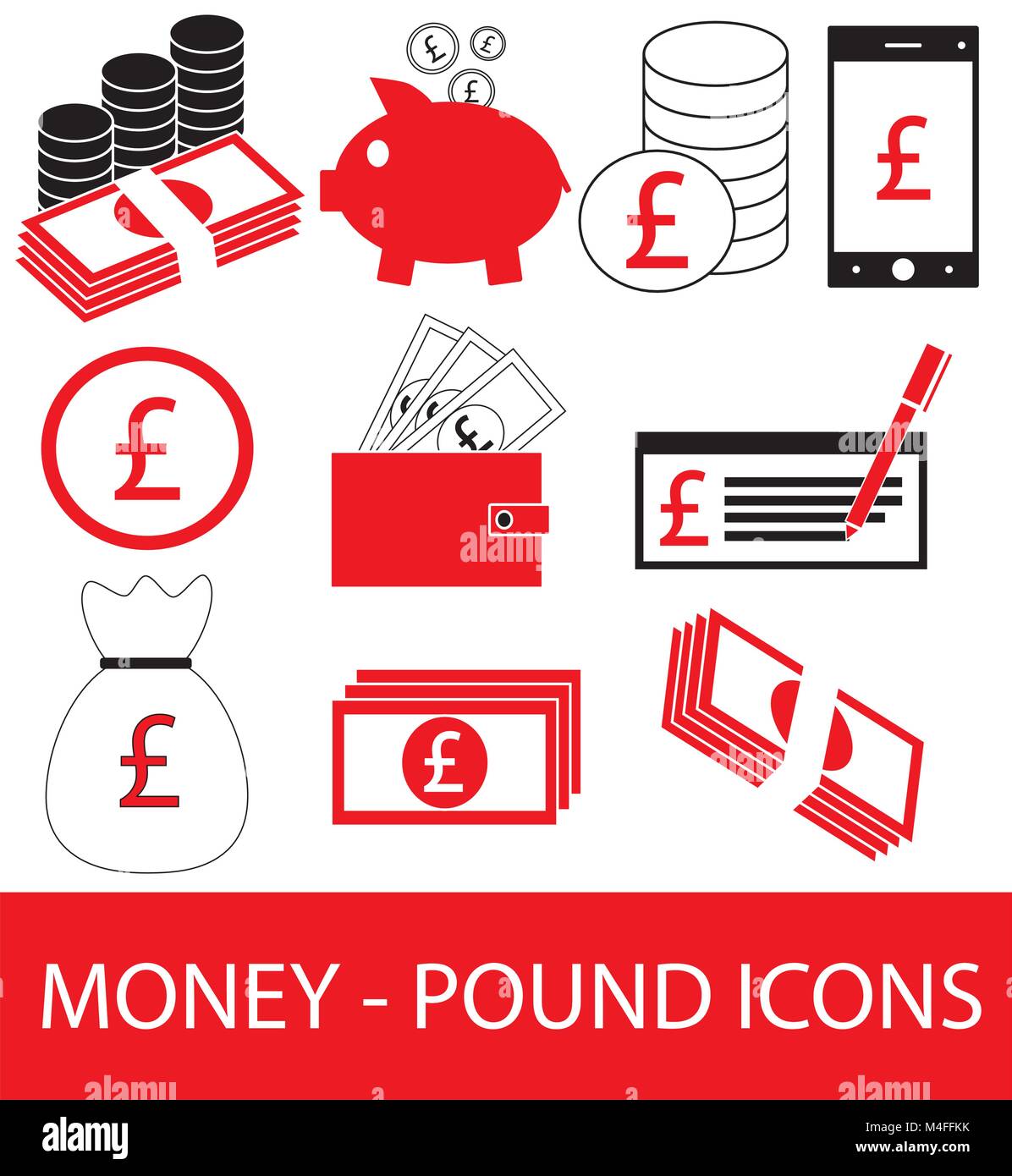 Set, collection or pack of Pound currency icon or logo. Coins, notes or ...