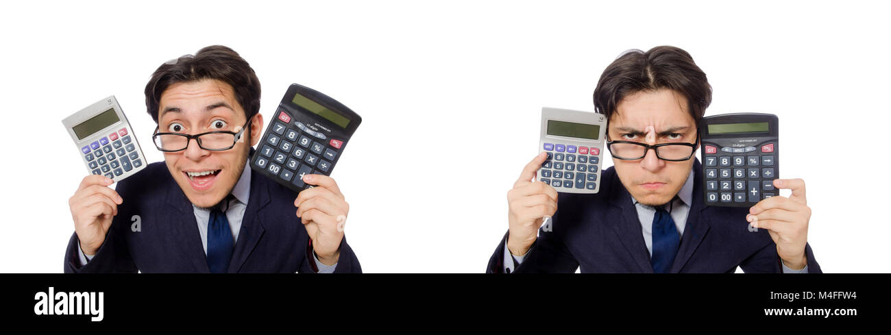 Funny man with calculator isolated on white Stock Photo - Alamy