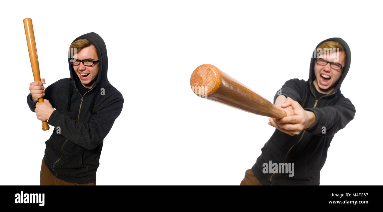 Aggressive man with baseball bat isolated on white Stock Photo - Alamy
