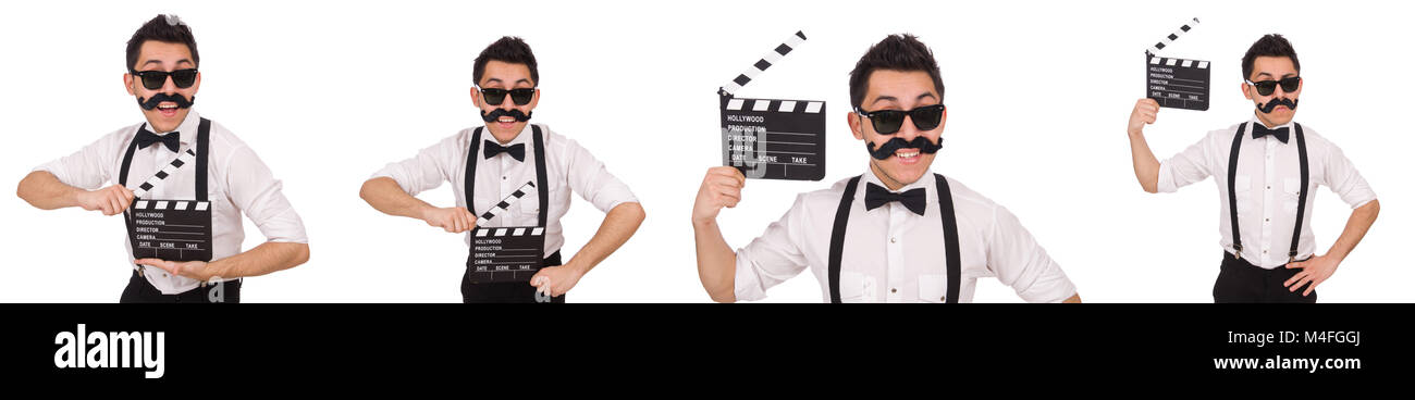 Whiskered man with clapperboard holding isolated on white Stock Photo ...