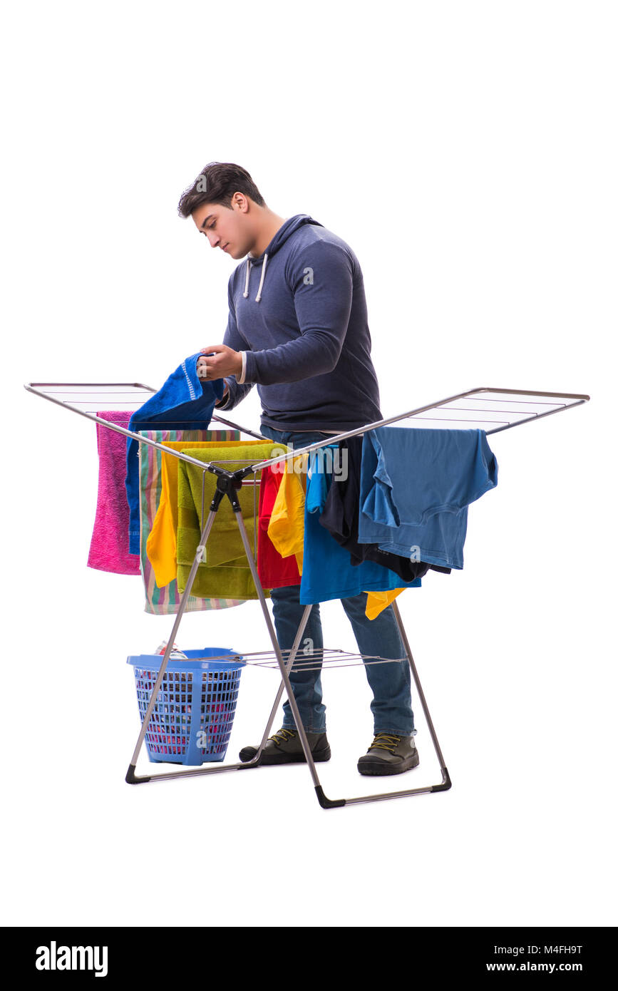 Husband man doing laundry isolated on white Stock Photo - Alamy