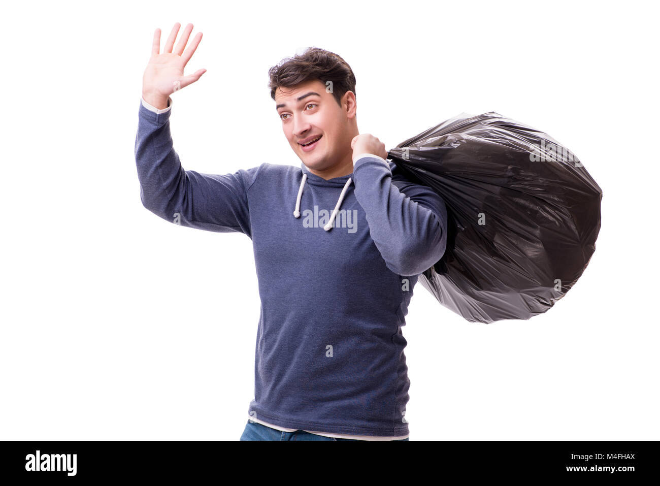 Man with garbage sack isolated on white Stock Photo - Alamy