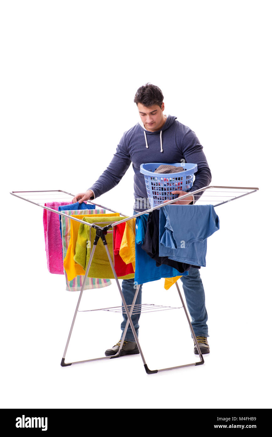 Husband man doing laundry isolated on white Stock Photo - Alamy