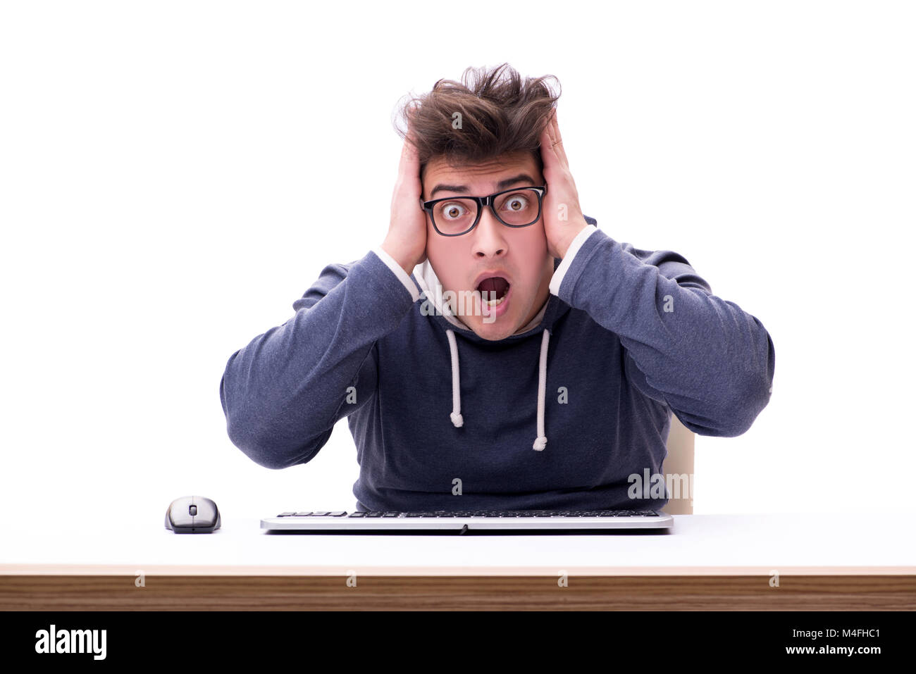 Funny nerd man working on computer isolated on white Stock Photo - Alamy