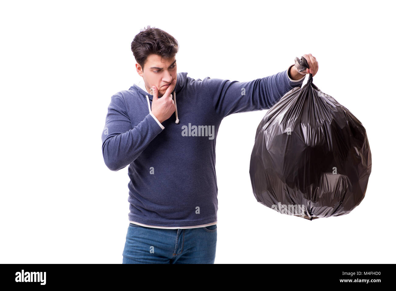Man with garbage sack isolated on white Stock Photo - Alamy
