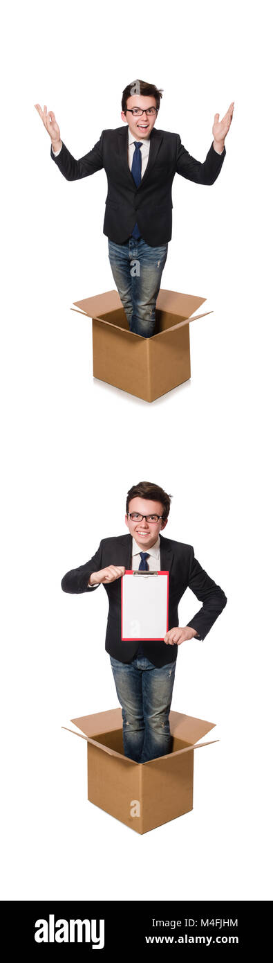 Funny man with boxes isolated on white Stock Photo - Alamy