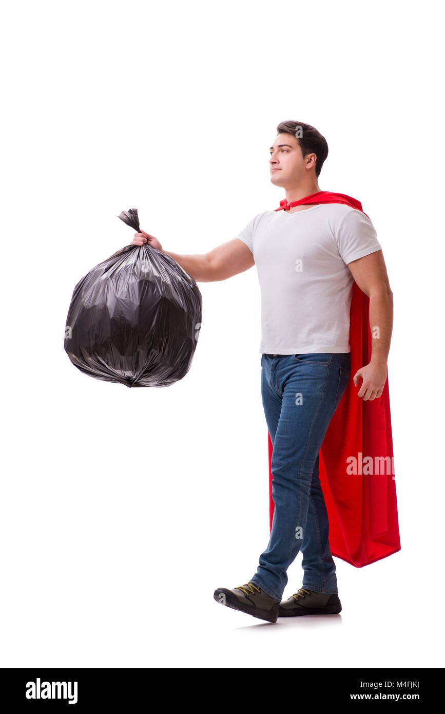 Superhero man with garbage sack isolated on white Stock Photo - Alamy