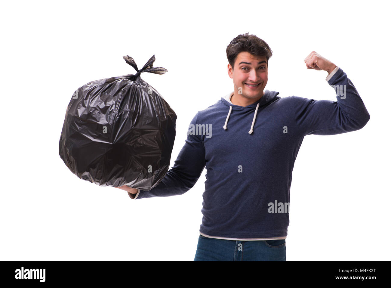 Man with garbage sack isolated on white Stock Photo - Alamy