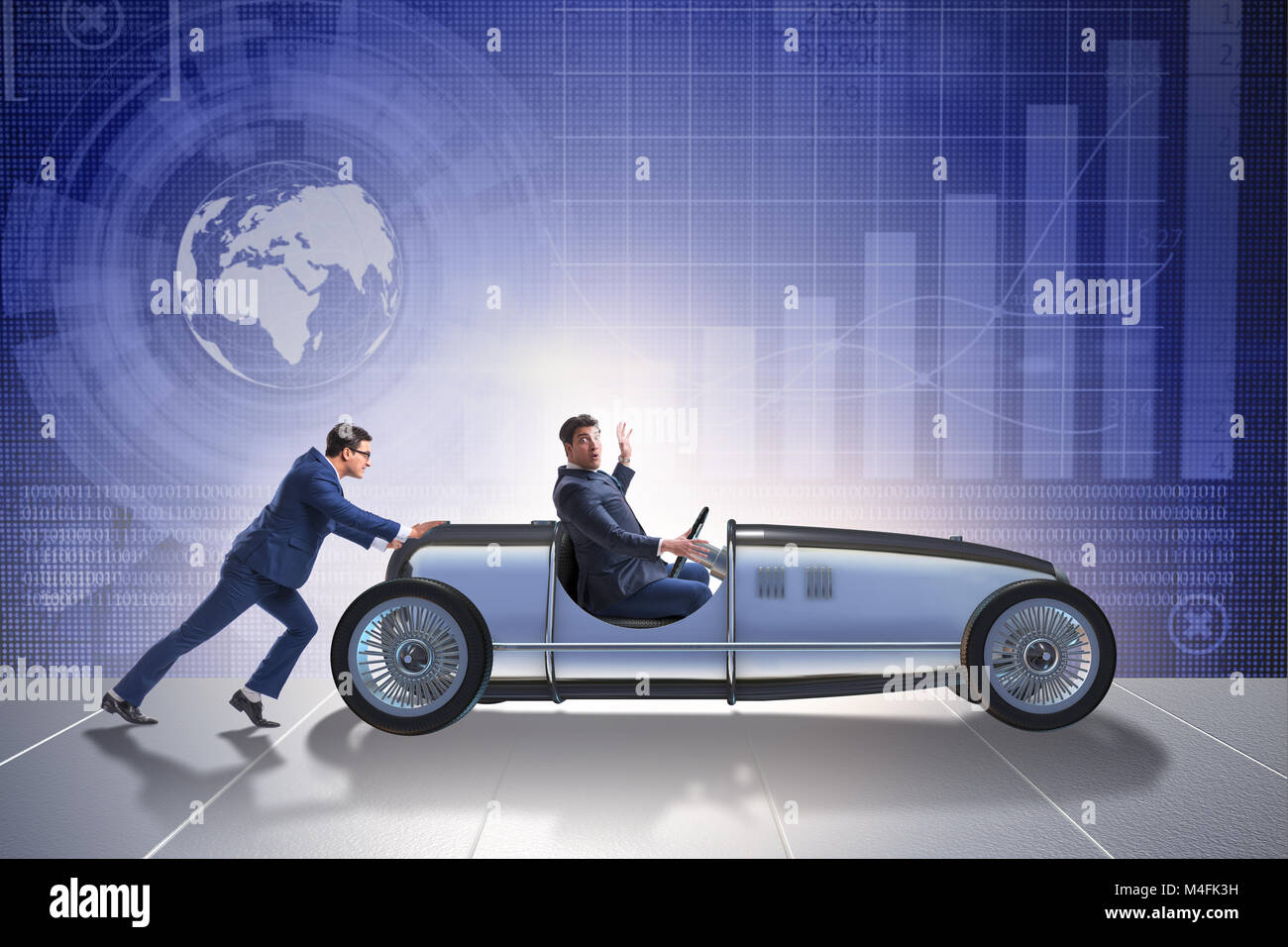 Businessman car pushing in teamwork concept Stock Photo - Alamy