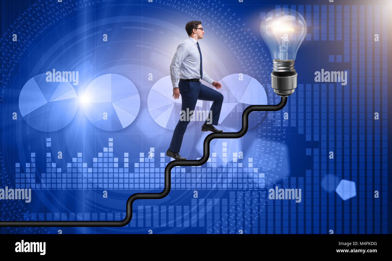 Man climbing career ladder towards bright light bulb Stock Photo - Alamy