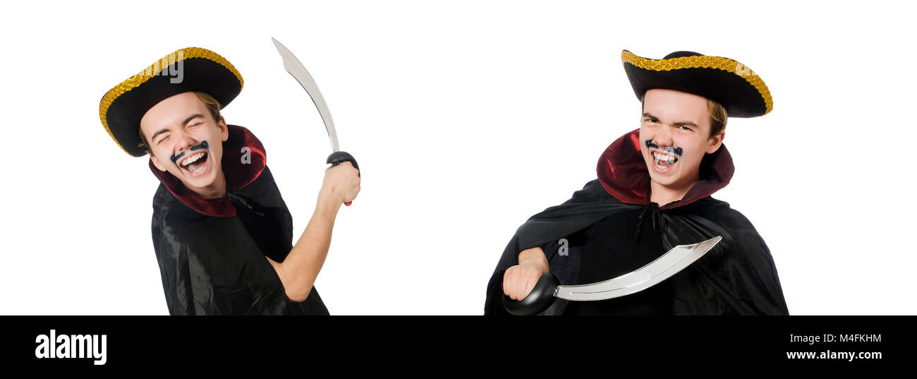 Young pirate holding sword isolated on white Stock Photo - Alamy