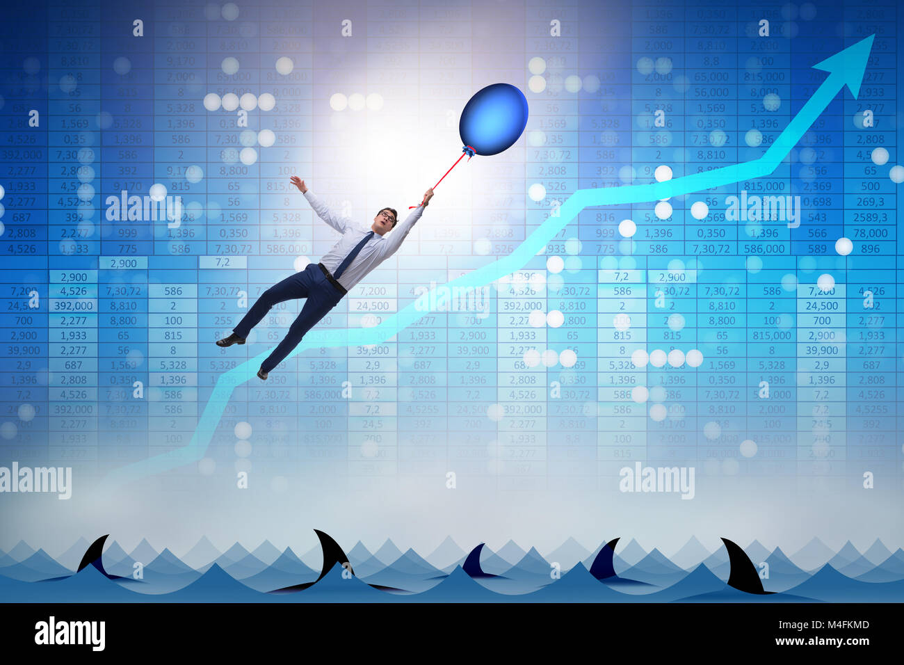 Businessman flying holding balloon Stock Photo - Alamy
