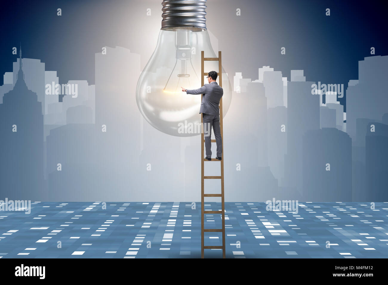 Businessman on ladder with light bulb Stock Photo - Alamy
