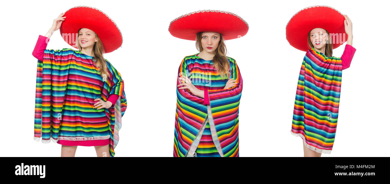 Pretty girl in mexican poncho isolated on white Stock Photo - Alamy