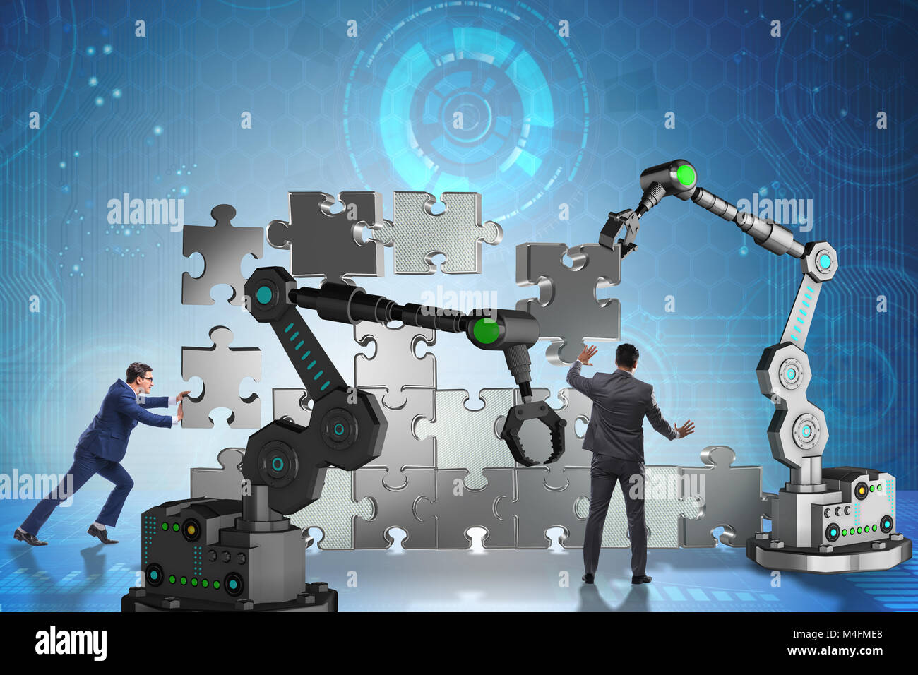 Businessman doing jigsaw puzzle with robotic arm Stock Photo - Alamy