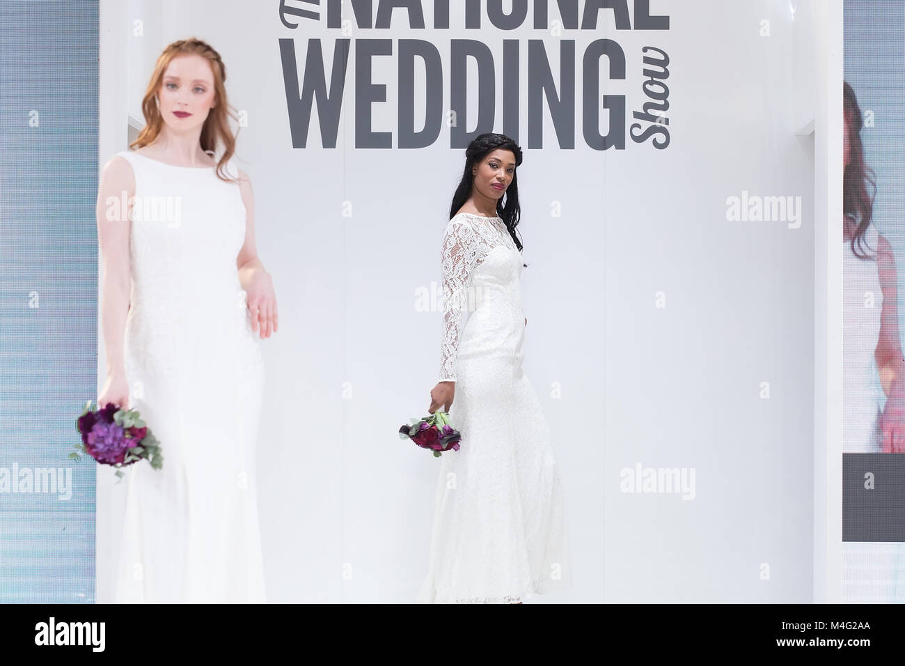 London, UK. 16 February 2018. Models on catwalk showcasing wedding ...