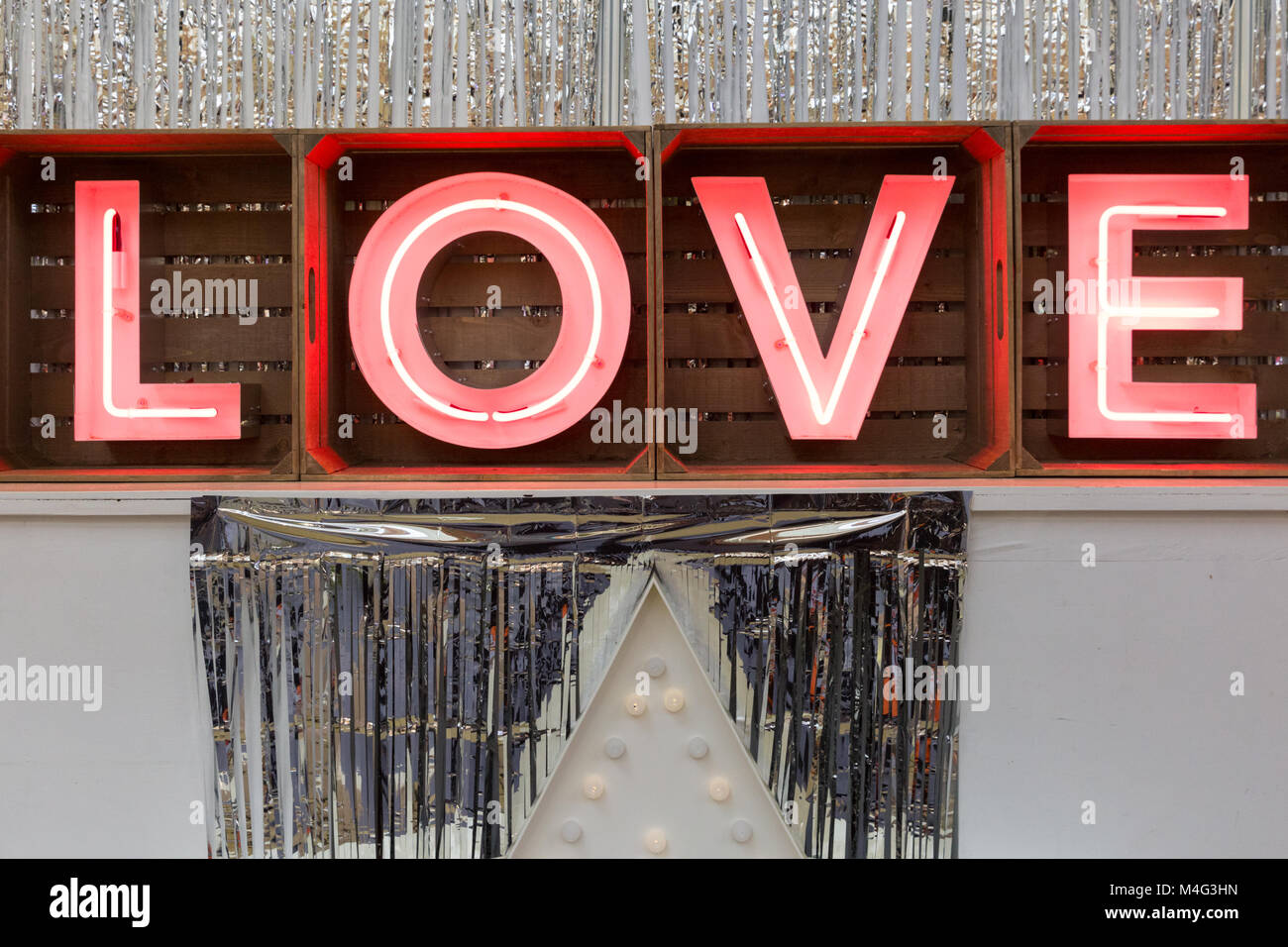 Kensington Olympia, London, 16th Feb 2018. A big Love sign from ...