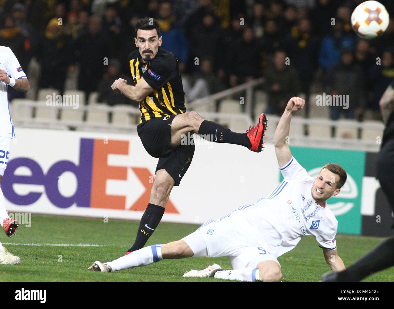 Athens, Greece. 16th Feb, 2018. AEK player Lazaros Christodoulopoulos ...