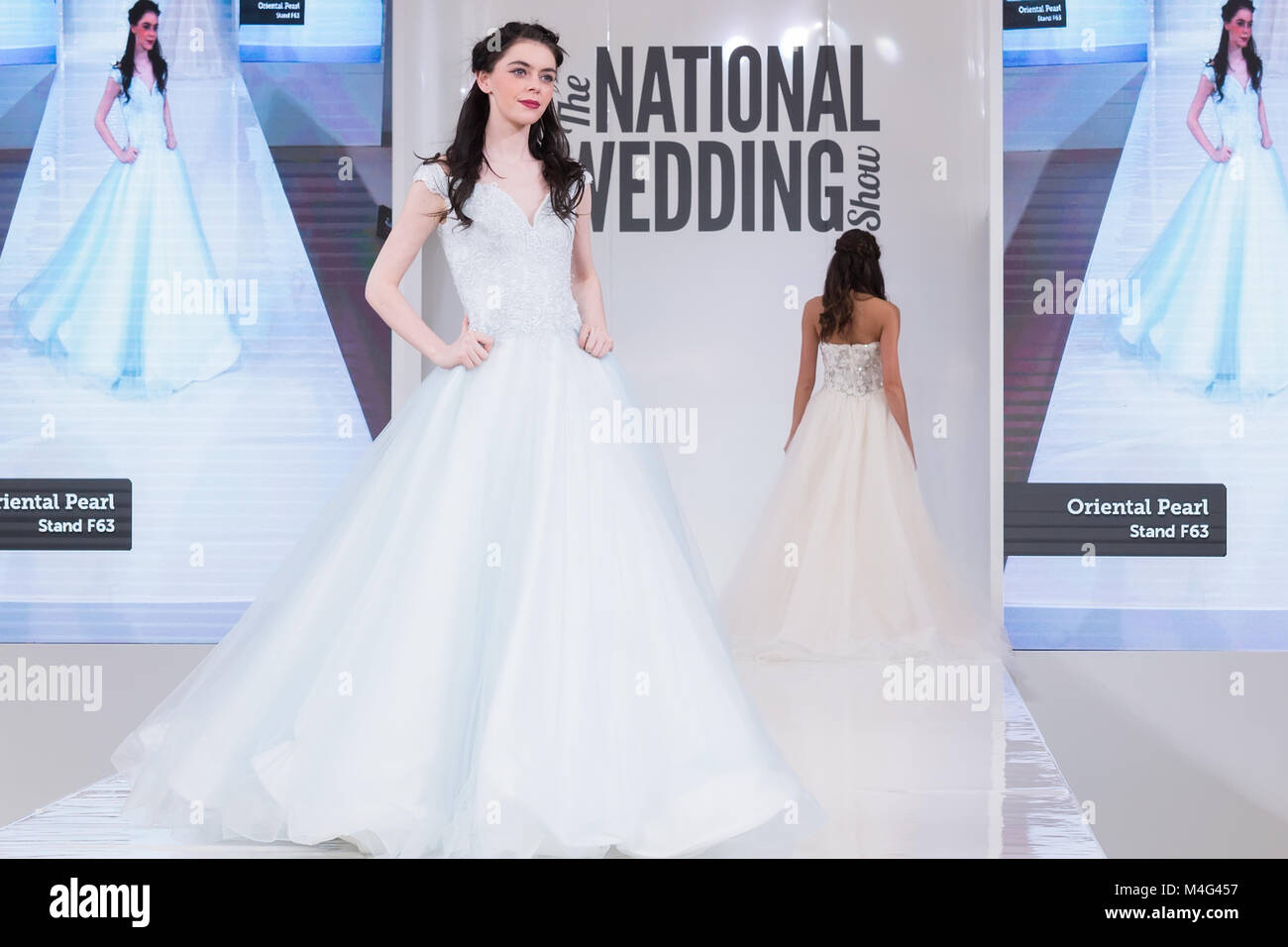 London, UK. 16 February 2018. Models on catwalk showcasing wedding ...