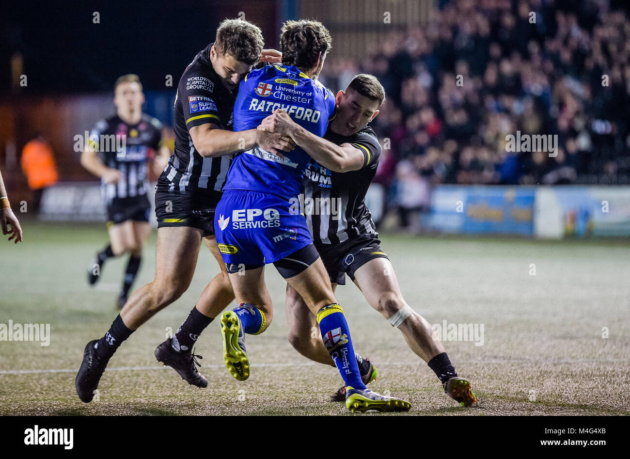 Widnes, UK. 16th February, 2018. Warrington Wolves Stefan Ratchford is ...