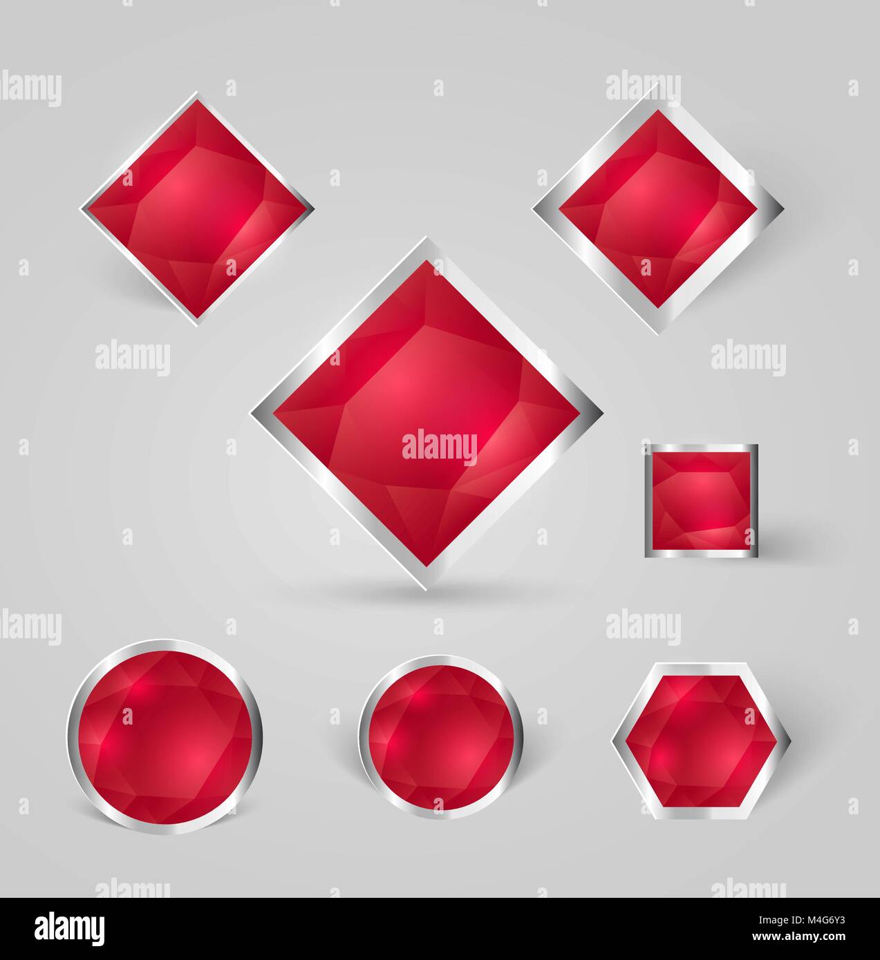 collection of shiny silver badges with red crystals and shadows Stock ...