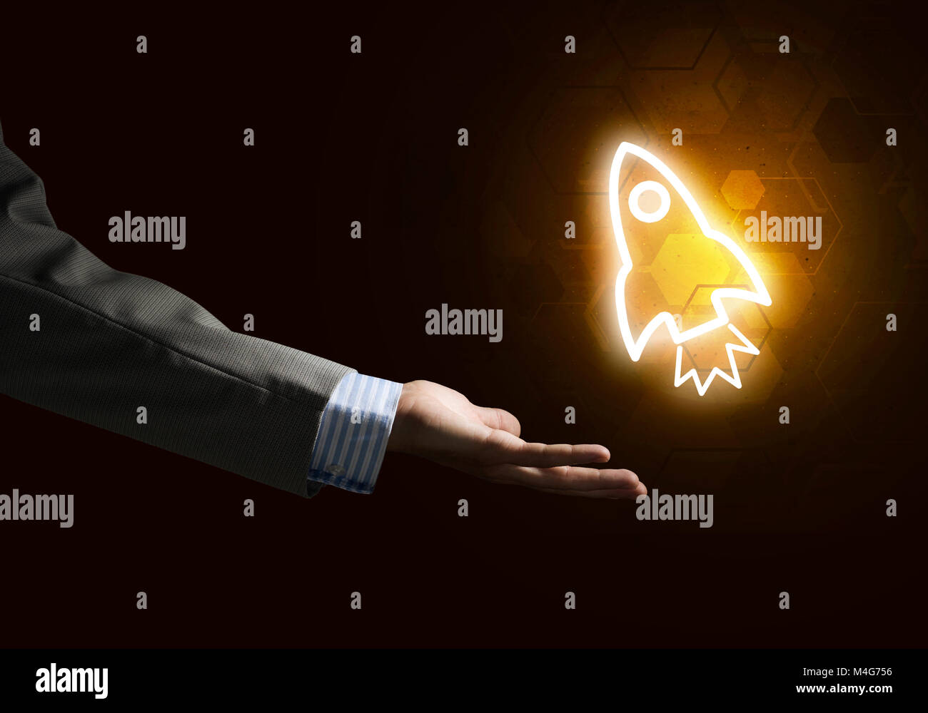 Man palm presenting Rocket web icon as technology concept Stock Photo ...