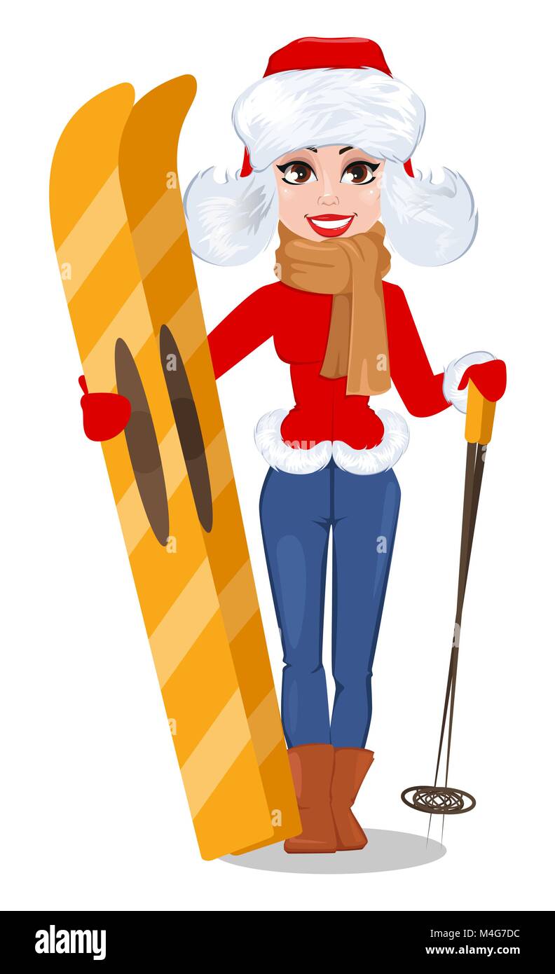 Beautiful woman in winter clothes holding skis. Happy smiling cartoon ...