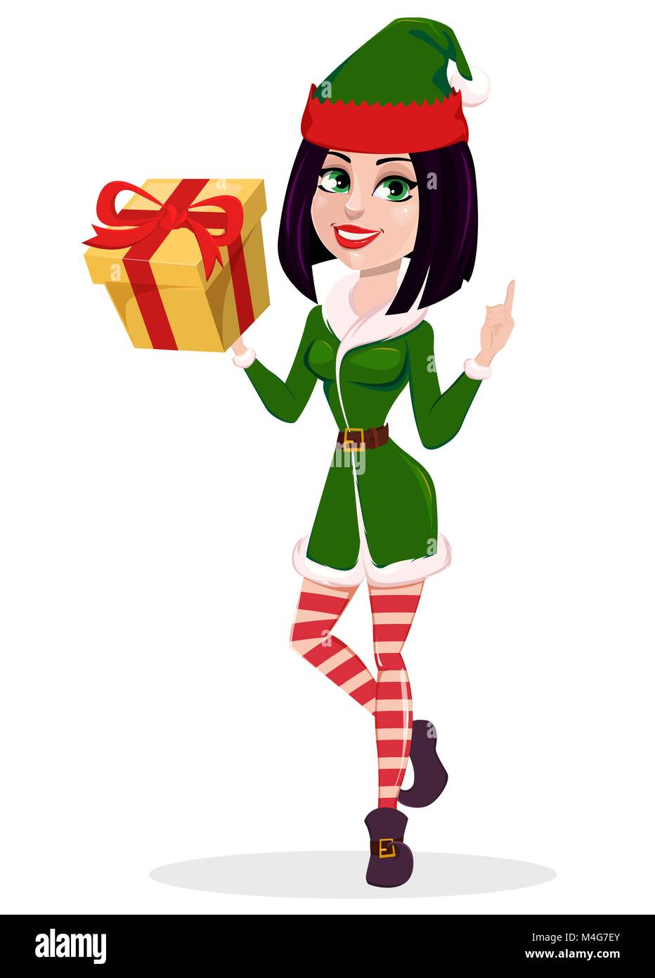 Merry Christmas. Elf woman holding yellow gift box. Happy smiling ...