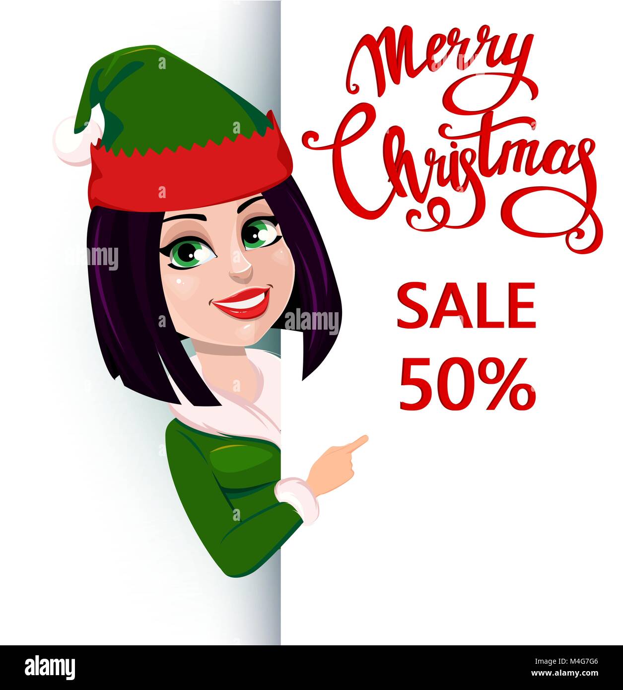 Merry Christmas and Happy New Year. Elf woman standing behind a sign ...