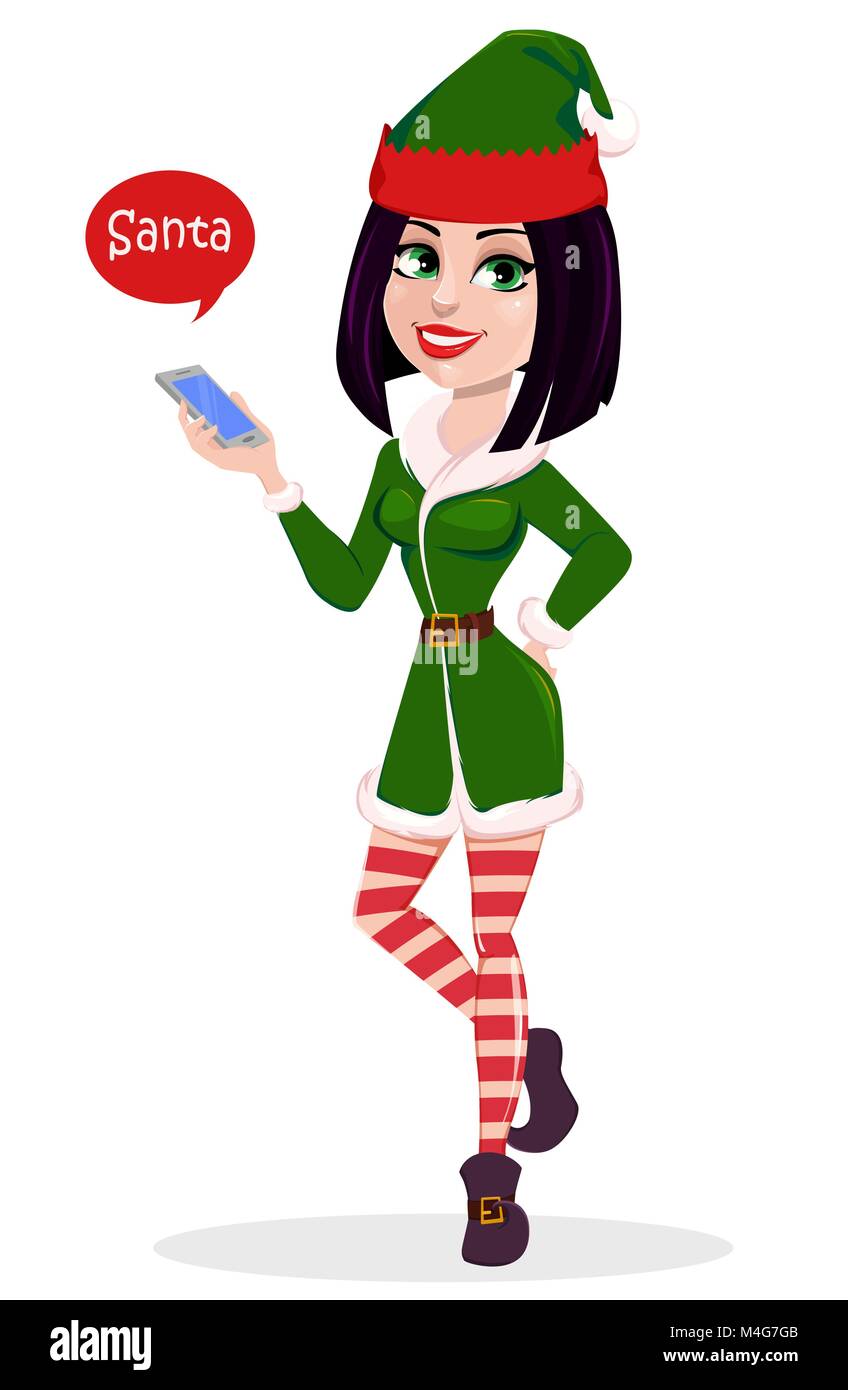 Merry Christmas and Happy New Year. Elf woman holding smartphone and ...