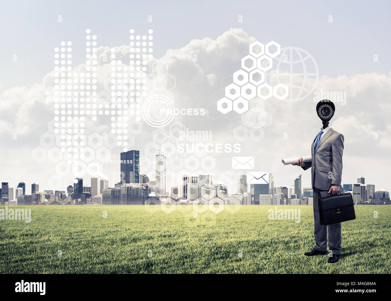 Camera headed man standing on green grass against modern citysca Stock ...