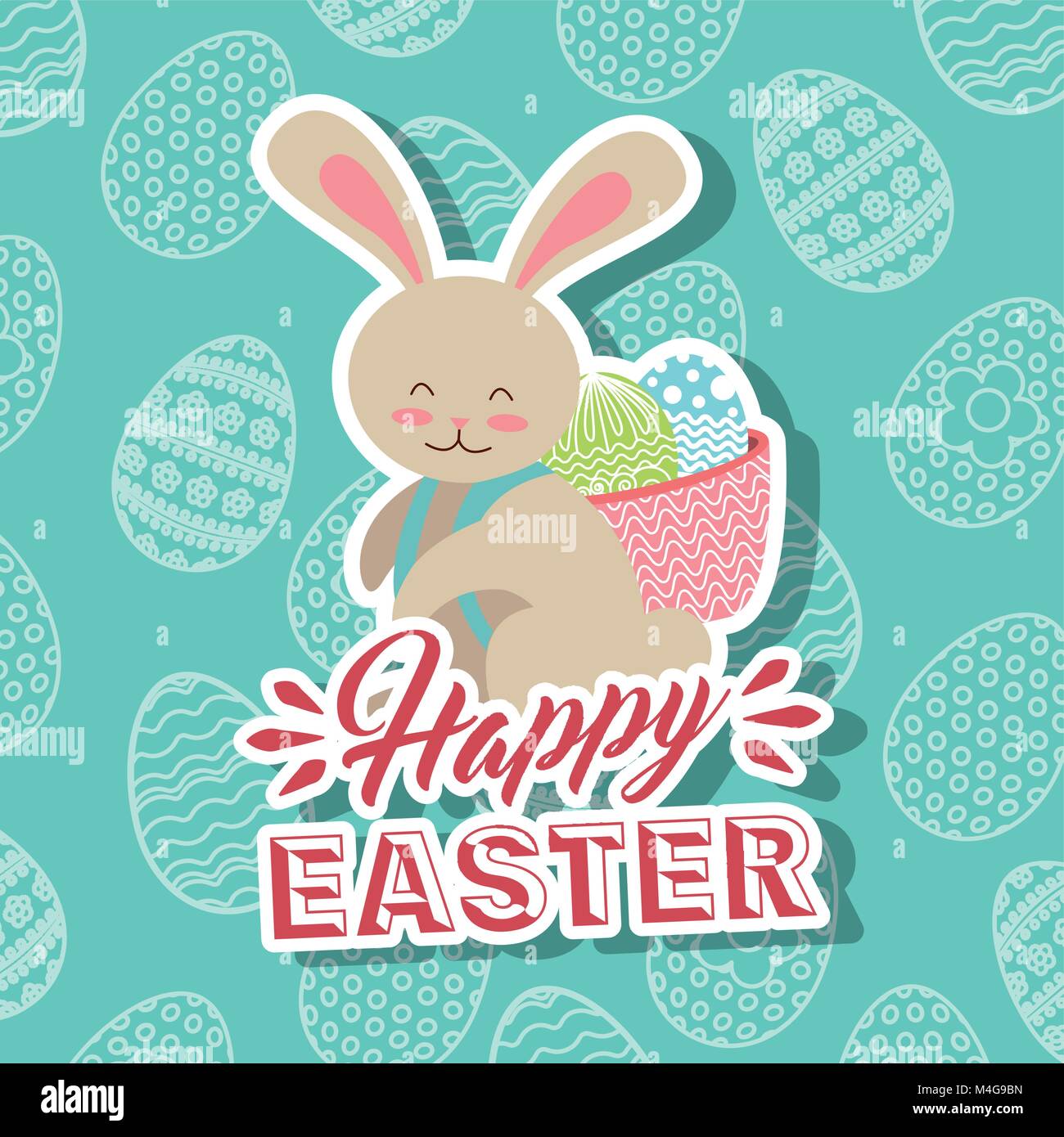 white rabbit with basket in back happy easter eggs background Stock ...