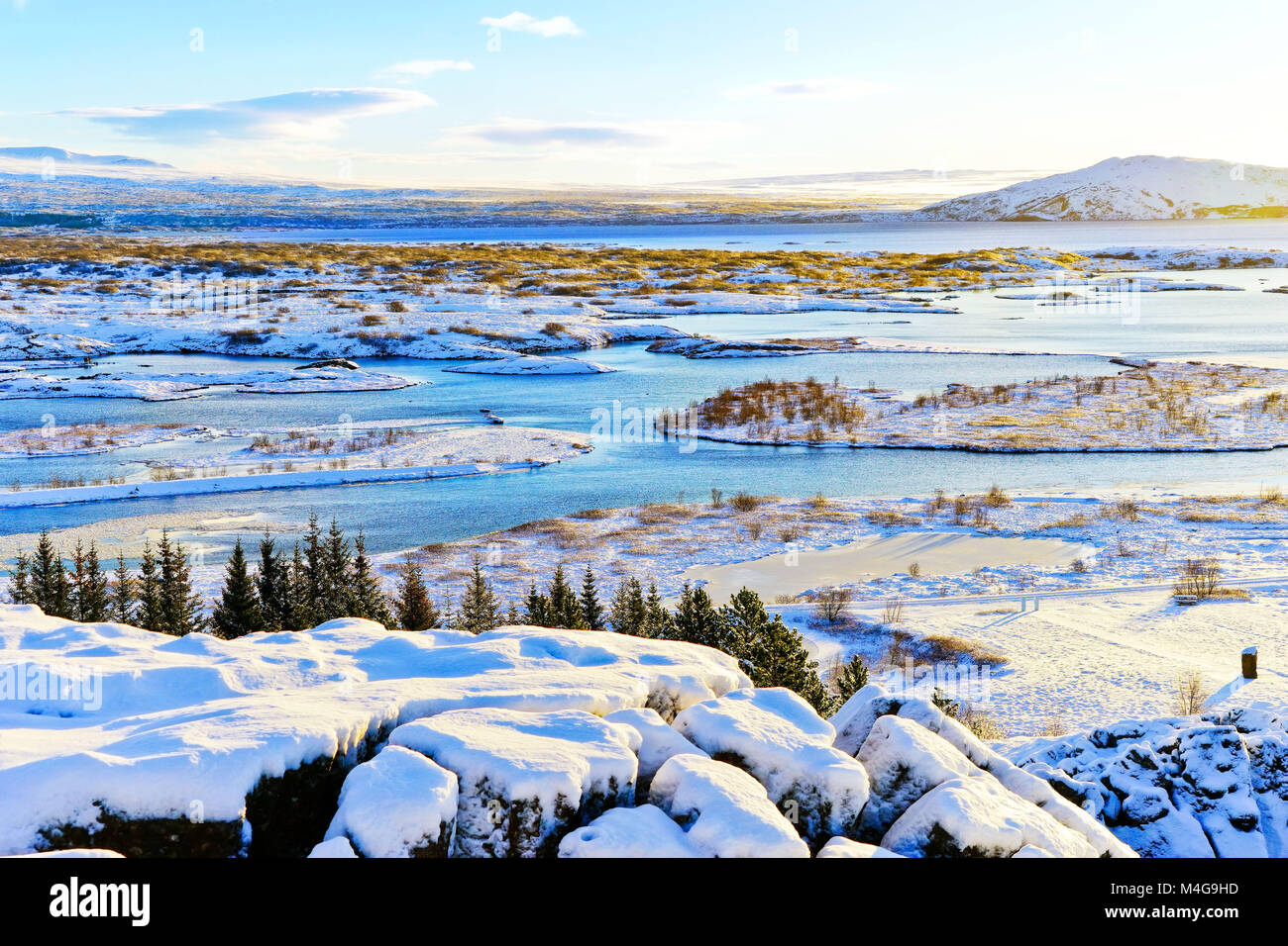 View of the snowy plateau in winter at Thingvellir National Park in ...
