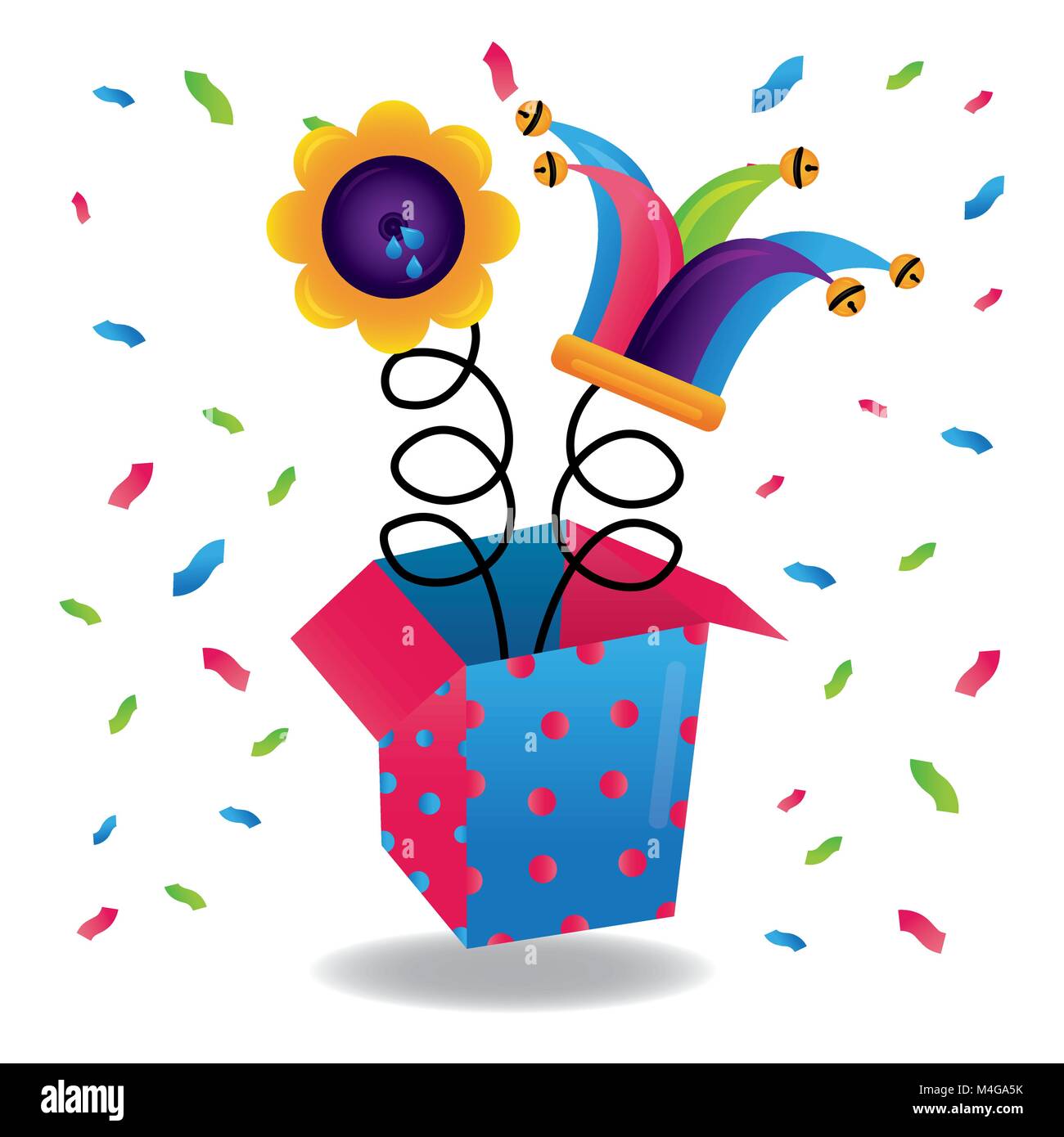 jack in the box jester hat and flower prank comic confetti Stock Vector ...