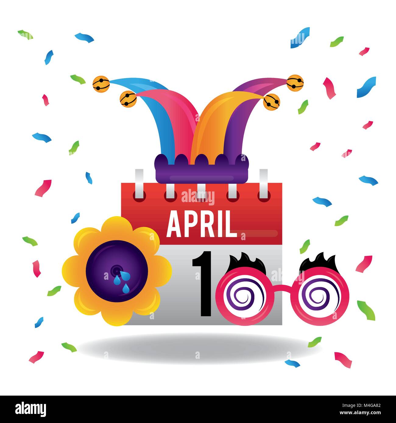 april 1 calendar jester hat glasses and flower confetti celebration ...