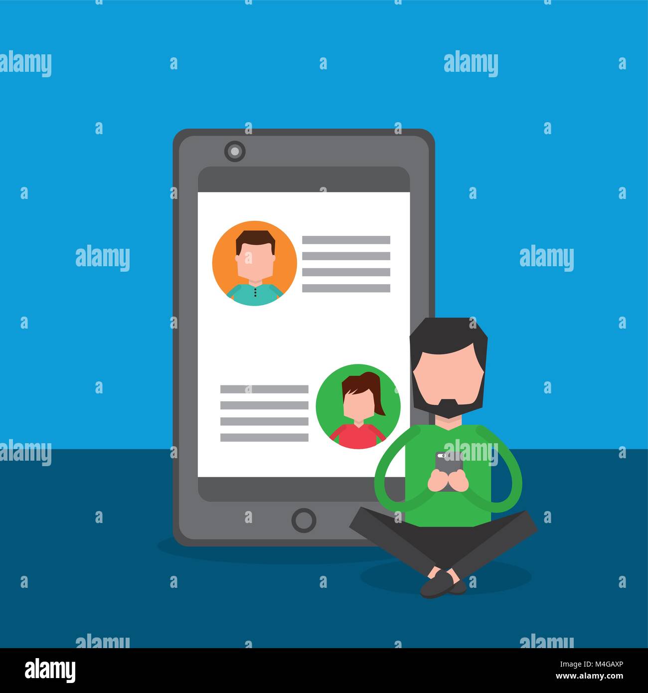 cartoon man sitting with mobile side big smartphone Stock Vector Image ...