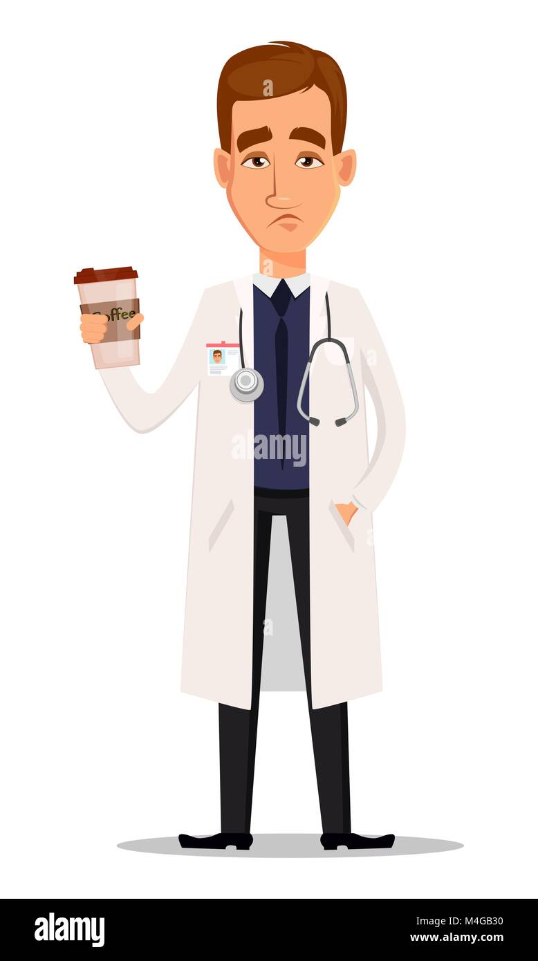 Young professional doctor holding cup of coffee, tired after hard day ...