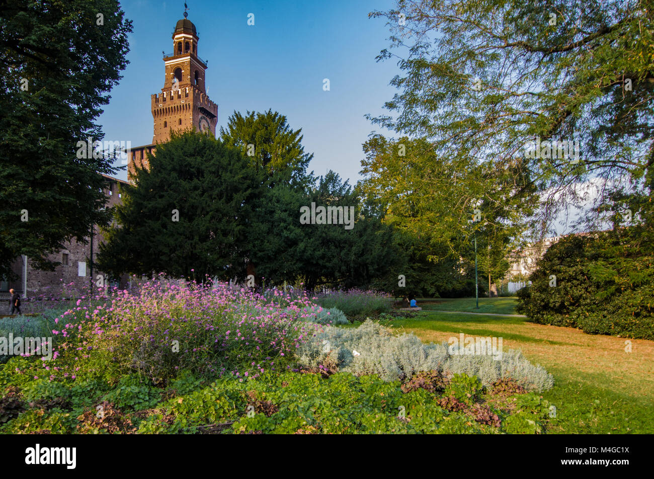 flower gardens around the Sforzesco Castle in Milan, in spring Stock ...