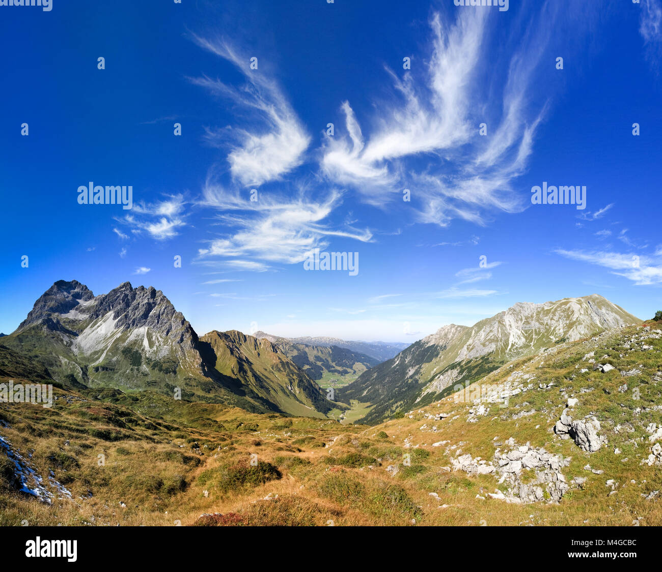 Great clear view in the mountain with beautiful clouds. Alps Stock ...