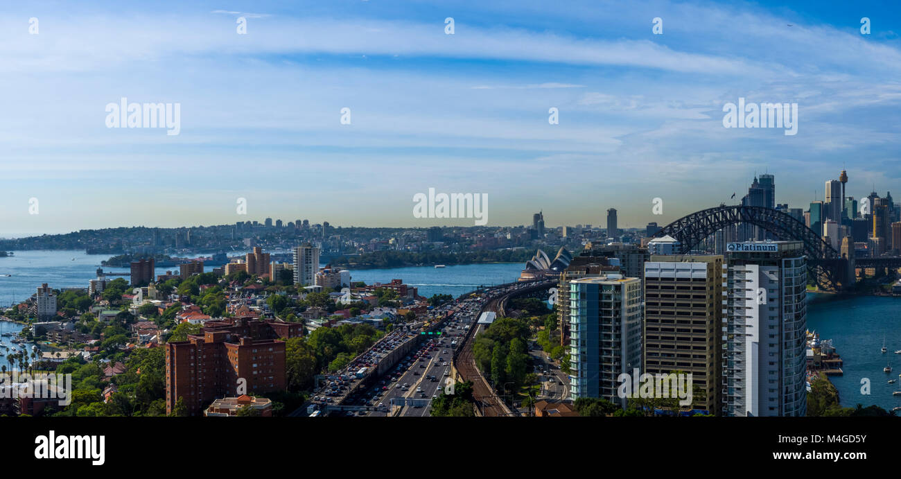Panoramic view of Sydney Harbour with views of Harbour Bridge, central ...