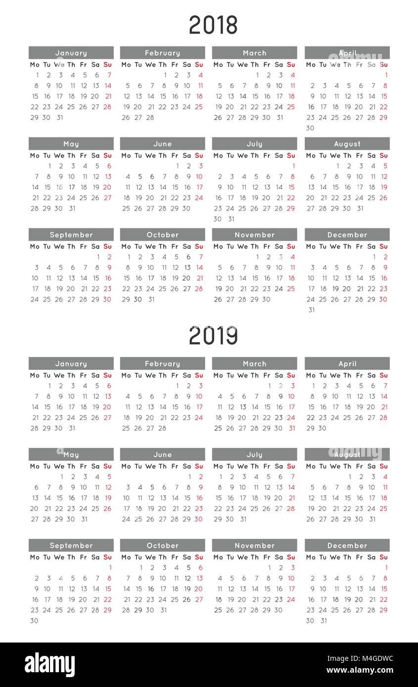 calendar template of year 2018 and 2019 Stock Vector Image & Art - Alamy