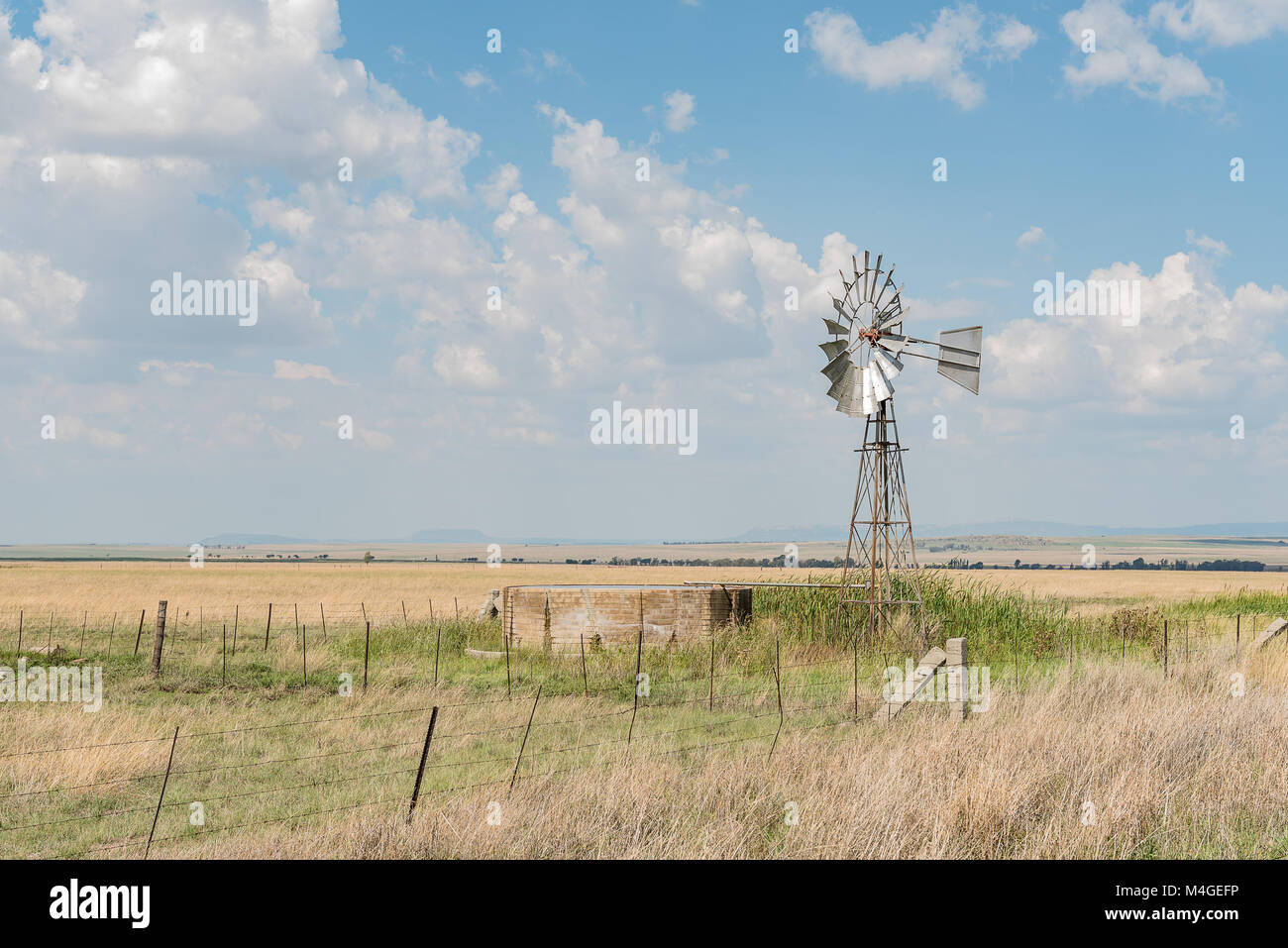 A farm scene with water-pumping windmill and dam next to the R703-road ...