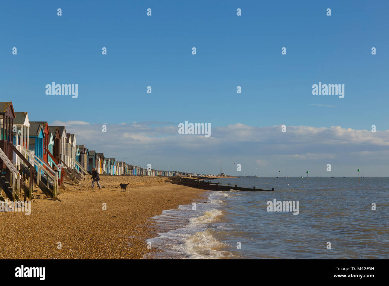 Looking to Mouth of Thames Estuary Colourful Beach Huts at Thorpe Bay ...