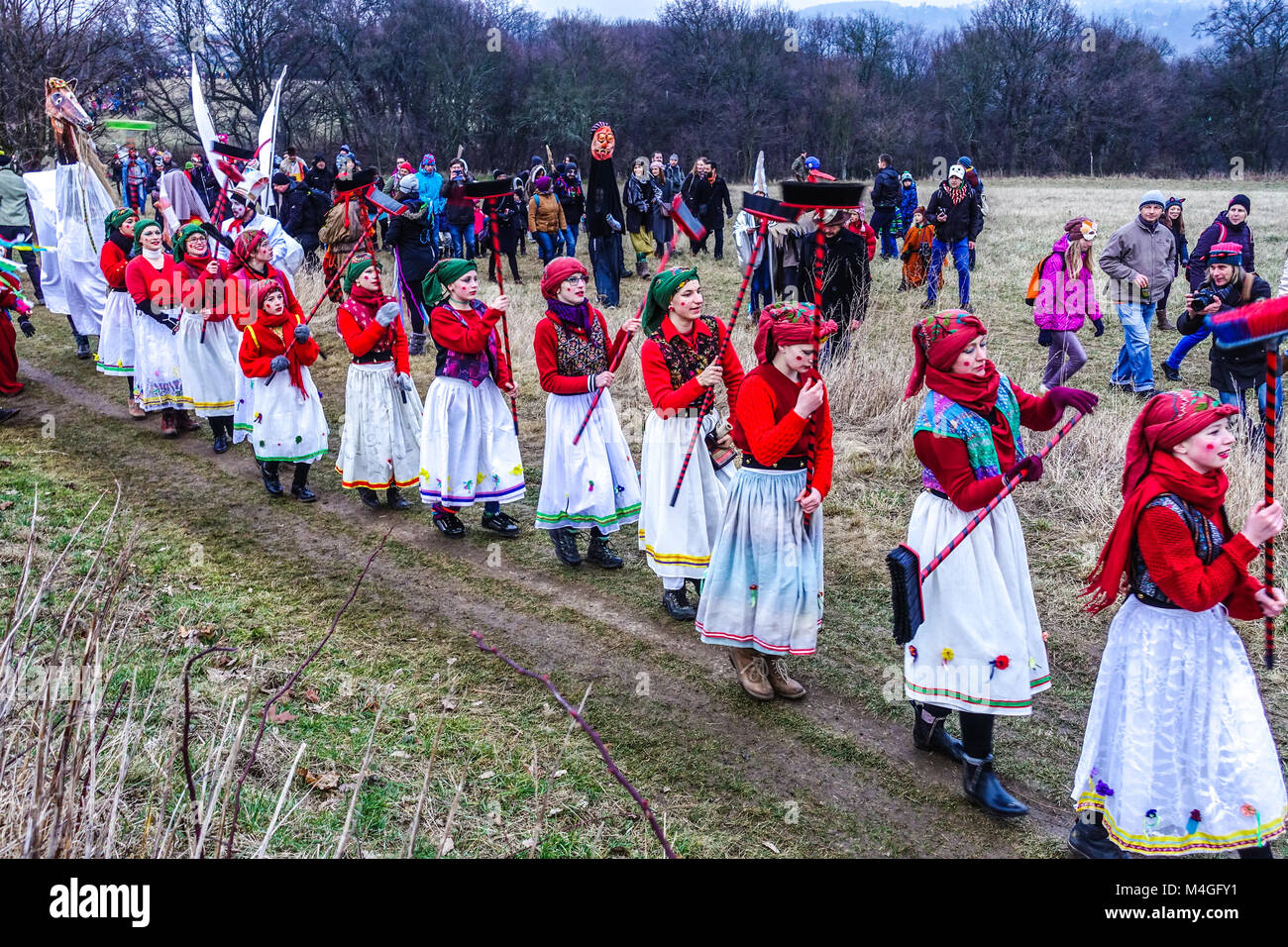 Czech Carnival masks in a traditional parade, known as masopust Roztoky ...